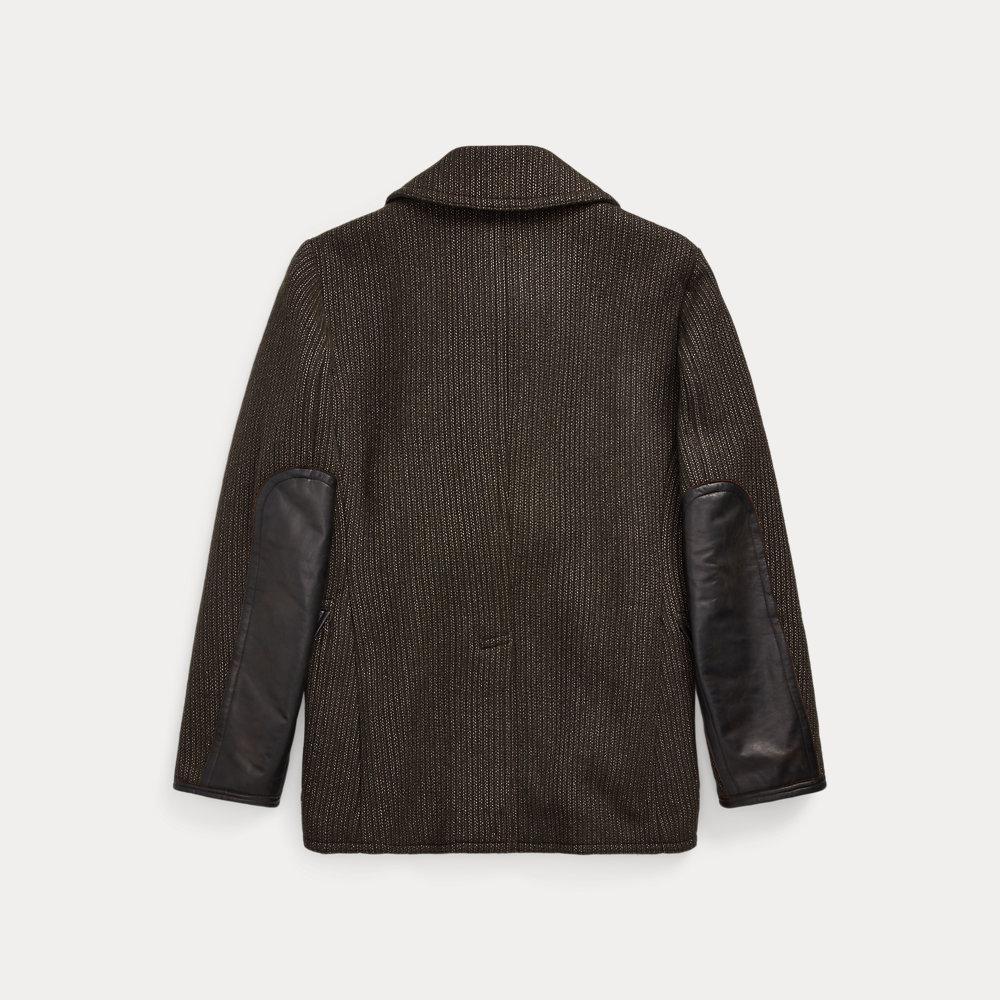 RALPH LAUREN RRL Leather-Trim Wool-Cotton Peacoat in Grey | Endource